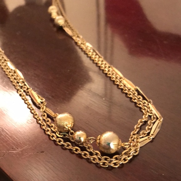 Jewelry | Vintage Three Strands Necklace With Gold Ball And Gold Metal ...